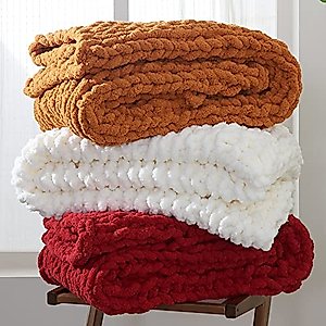 Longhui bedding Handmade Chunky Knit Blankets, Luxurious Chenille Cable Knit Throw Blanket Yarn for Couch Sofa and Bed, Ultra Soft Decorative Burnt Orange Christmas Blanket, Machine Washable 51 x 63