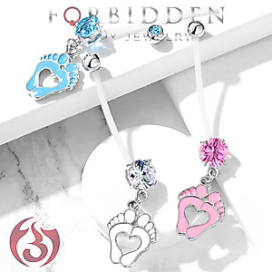 Forbidden Body Jewelry 14G 1" Pregnancy Bioflex Adjustable & Flexible Dangle Baby Feet CZ Maternity Belly Ring, Aqua (1pc)
