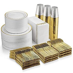 700 Piece Gold Dinnerware Set - 200 Gold Rim Plastic Plates - 300 Gold Plastic Silverware - 100 Gold Plastic Cups - 100 Linen Like Gold Paper Napkins, 100 Guest Disposable Gold Dinnerware Set