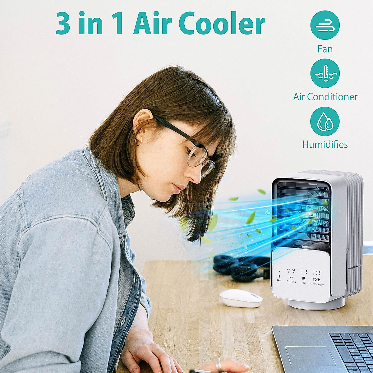 Portable Air Conditioner Fan, Evaporative Air Cooler, USB Personal Desktop Cooling Fan with 3 Speeds, LED Light, 120°Oscillation, 2 Mist Adjustments as Humidifier, Small Air Cooler for Room, Bedroom