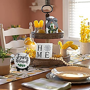 LIBWYS 6 Pcs Farmhouse Decors for Tiered Tray Farmhouse Home Decor Tiered Tray Decor Items Mini Signs Simply Blessed Home Windmill Wooden Beads Garland Rustic Kitchen Decor