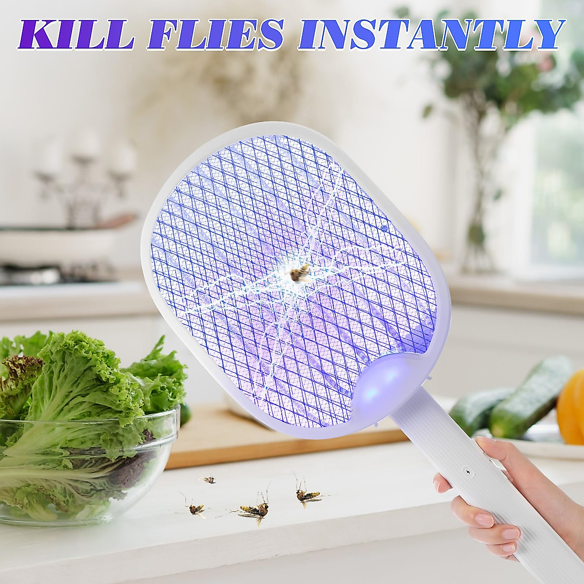 Qualirey 2 Pack 3 in 1 Electric Fly Swatter Foldable 3000V Handheld Mosquito Zapper with USB Rechargeable Base Bug Zapper Racket Fly Killer and Mosquito Trap Lamp Hanging Standing for Indoor Outdoor