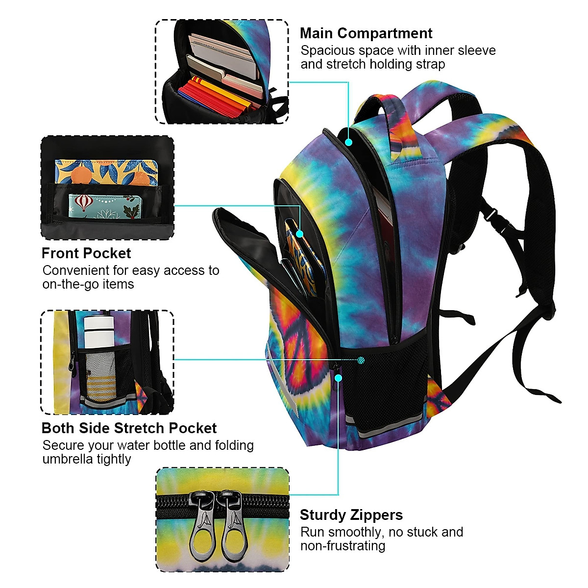 ALAZA Peace Sign Design Tie Dye Backpack Purse for Women Men Personalized Laptop Notebook Tablet School Bag Stylish Casual Daypack, 13 14 15.6 inch