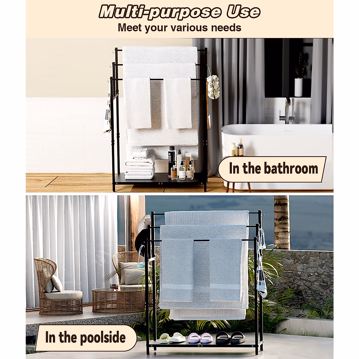 Mondazie 44” Tall Free Standing Towel Racks with 6 Hooks for Bathroom, 3 Tiers Oversized Pool Bath Towels Drying Stand, Metal Blanket Ladder Holder with Storage Shelf for Bedroom Living Room, Black