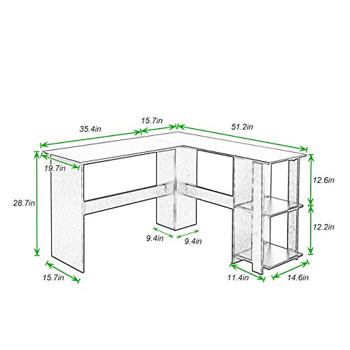 soges L-Shaped Desk with 2 Shelves, 51.2 inches Computer Desk Home Office Table Corner Desk Computer Workstations Black XTD-SC01-BK-N