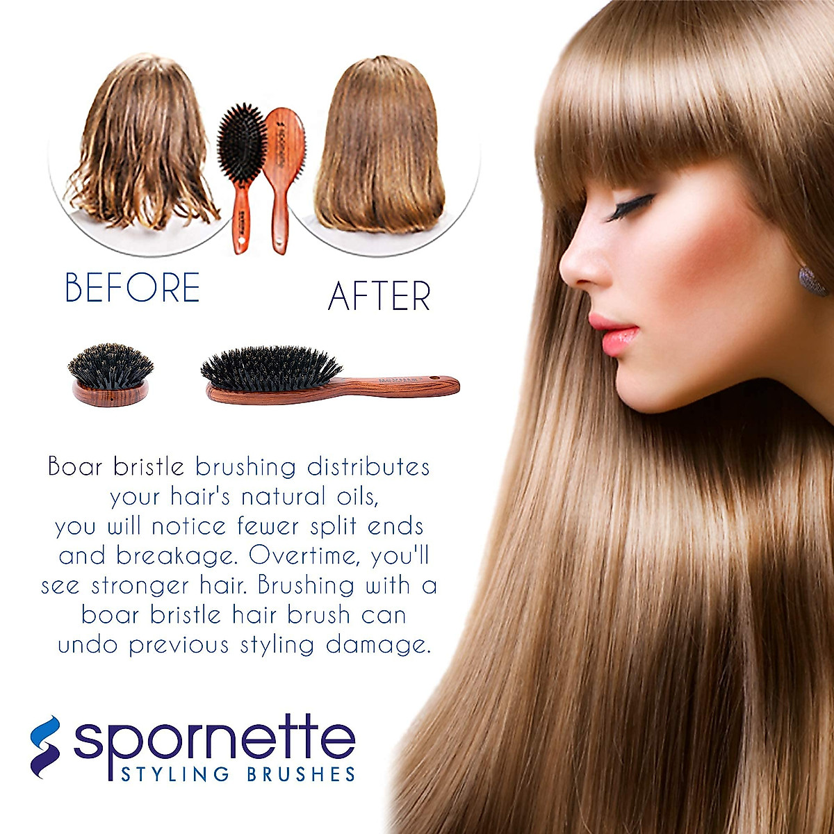 Spornette Deville Boar Bristle Wooden Paddle Hair Brush for Women - Cushion Oval Hair Straightening Brush for Blow Drying, Detangling, Smoothing & Styling