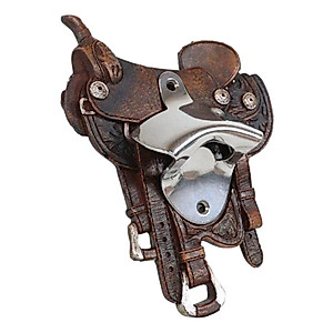 Ebros Gift Western Cowboy Farm Country Rustic Horse Saddle in Faux Tooled Leather Finish Wall Mounted Soda Beer Glass Bottle Cap Stainless Steel Metal Opener Sculpture Man Cave Accent