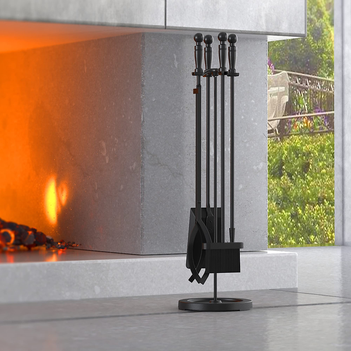 FireBeauty Fireplace Tools Set 5 Pieces Wrought Iron Fire Place Pit Poker Holder 31" H (Black)