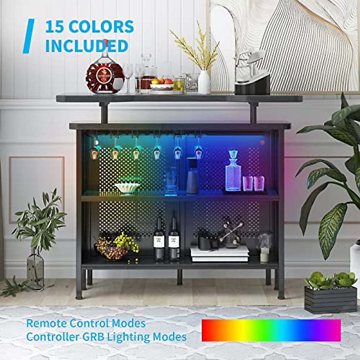 Mjkone Wine Bar Cabinet with LED Lights by Remote Control, Coffee Bar Cabinet for Liquor and Glasses, Home Bar Unit with Wine Rack, Mini Bars with Storage (Black)