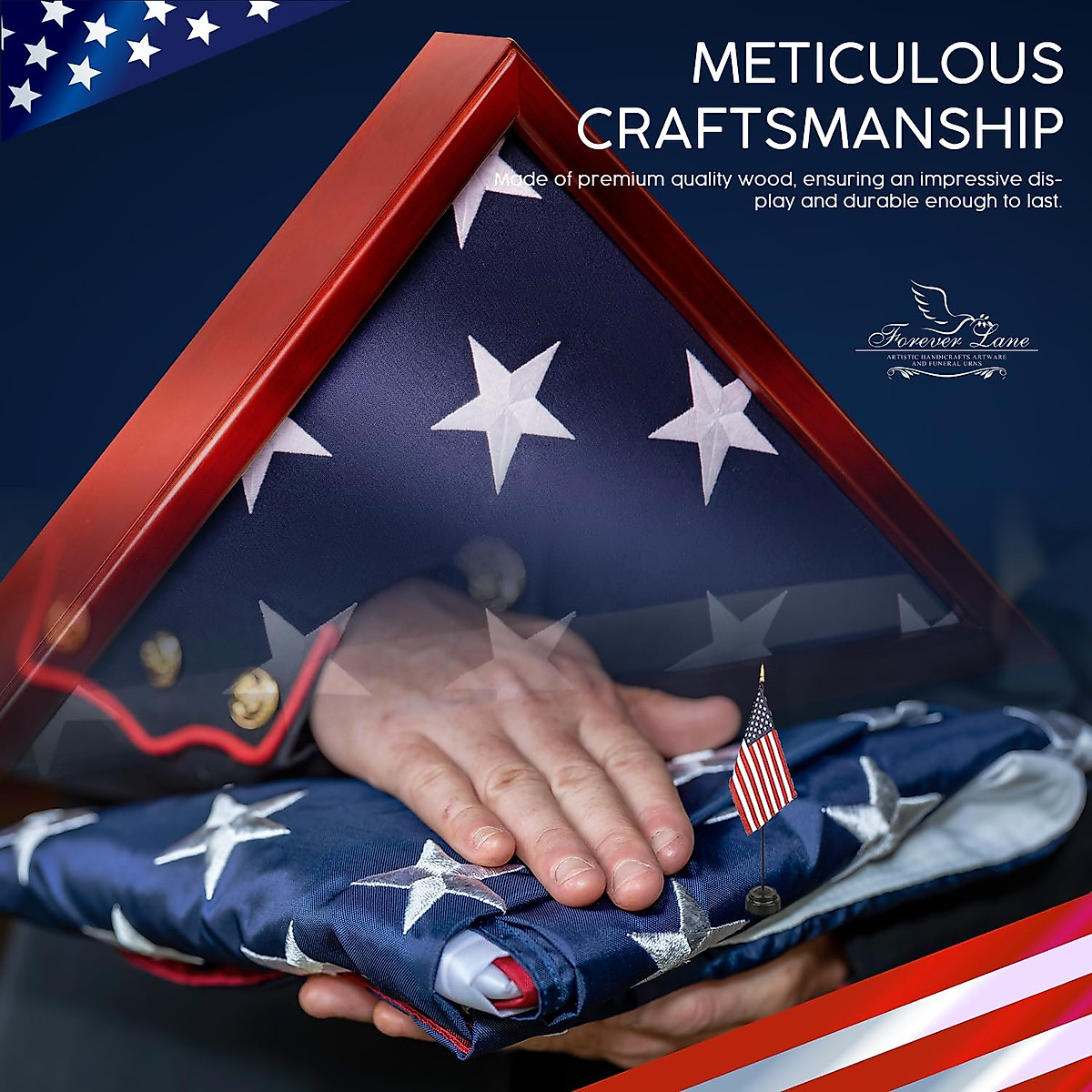 Forever Lane Flag Display Case for American Veteran Flag, Large 9.5x5 ft Memorial Flag Box -Military Flag Holder, Solid Wood w/Acrylic Front,Wall Mount or Standing Display Box