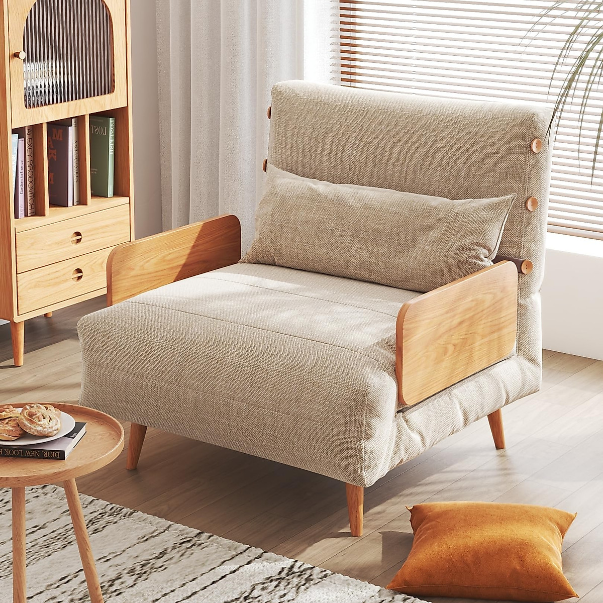 Kaxiti Sleeper Chair Bed - Convertible Sofa Bed for Living Room, 3 in 1 Sleeper Chair Bed Futon Chair, Comfortable Reading Chaise, Linen Fabric Beige (Single)