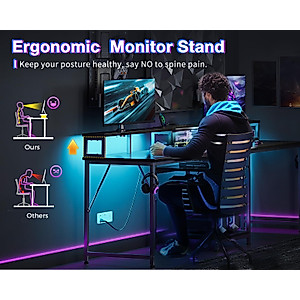 Coleshome 98 Inch 2 Person Gaming Desk with Storage Shelves- Long Double Home Office Computer Desks with USB Charging Port & LED Lights, Writing Desk with Monitor Stand, Modern Study/Work Table, Black