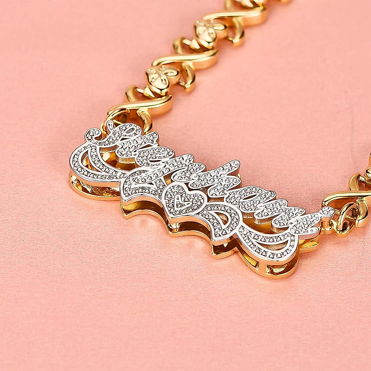 Jewelry Set Custom Name Necklace Name Bracelet Personalized Double Plated Name Necklace Unisex Nameplate Necklace with XOXO Chain Customized Jewelry Set for Women Men