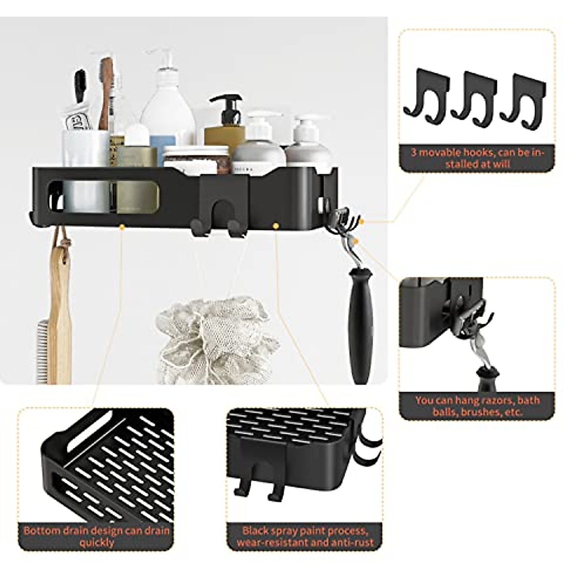 Shower Caddy Stainless Steel Wall-Mounted Storage Rack, with 6 Hooks. Perforation Free, Adhere in Kitchen or Bathroom. Simple Installation, Convenient Use, and Large Capacity.