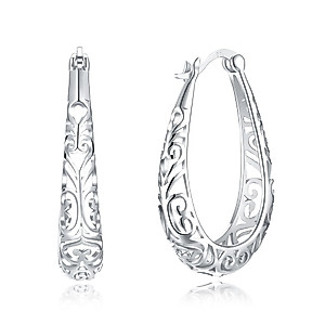 NewZenro Vintage Filigree 925 Sterling Silver Small Hoop Earrings for Women Girls Fashion Oval Hollow-out Texture Flower Dainty Huggie Hoops Hypoallergenic Pierced Jewelry Gifts