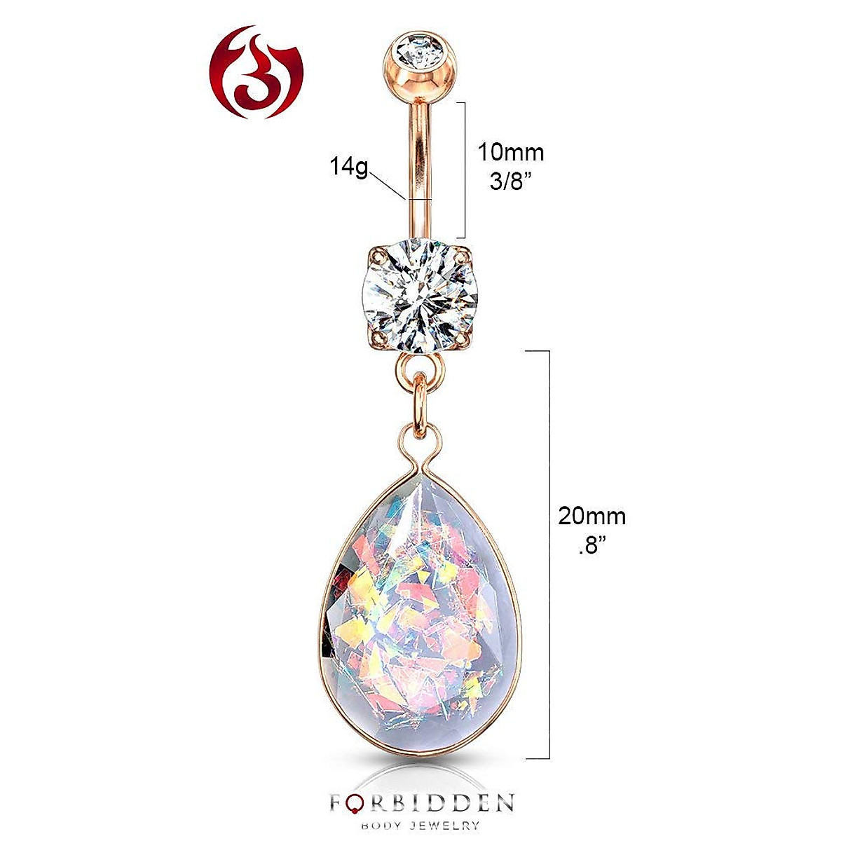 Forbidden Body Jewelry Surgical Steel CZ Dangle Belly Button Ring with Teardrop Rainbow Glitter Opalite, Rose Gold Tone