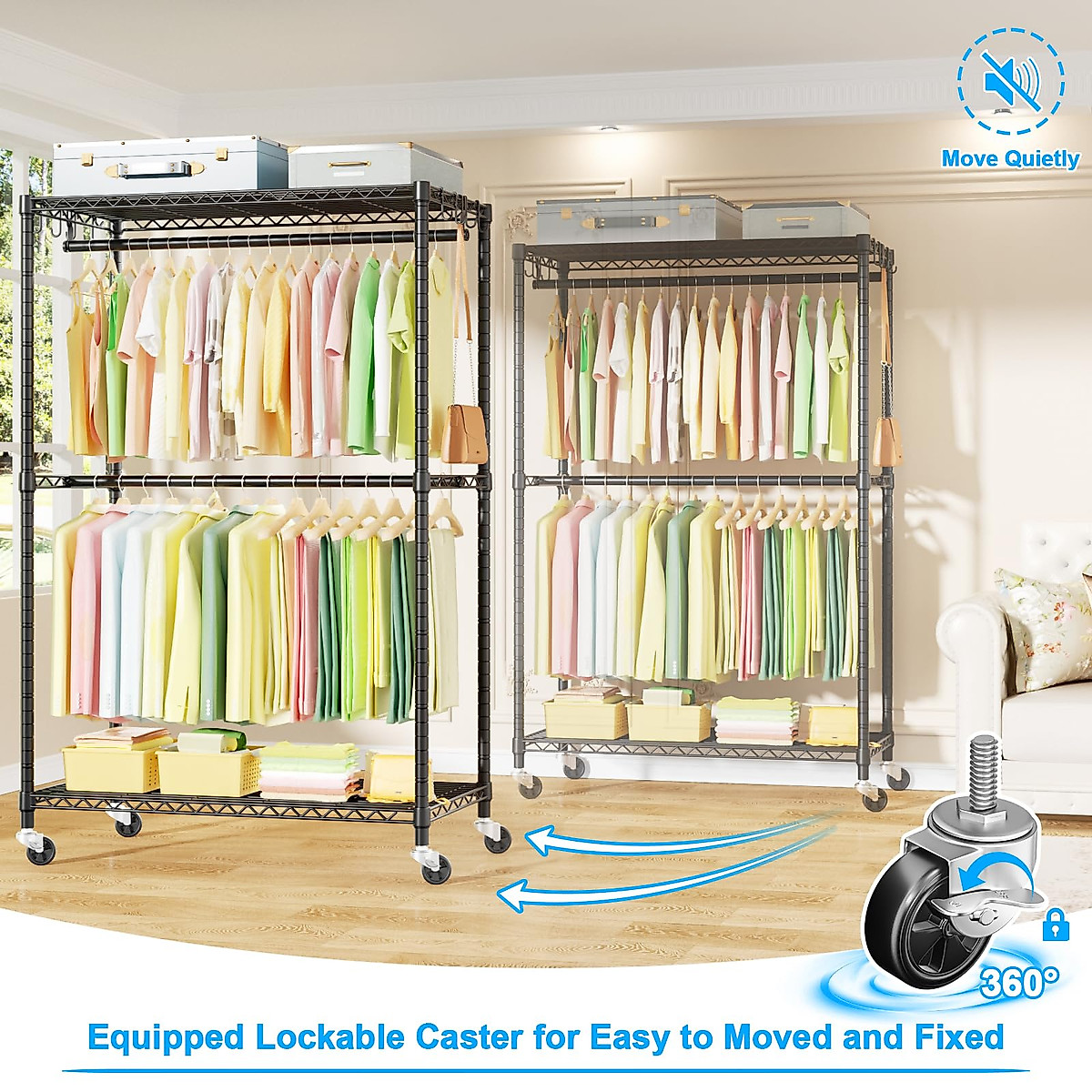 FUTASSI P8 Rolling Clothes Rack，Heavy Duty Clothing Racks for Hanging Clothes，Freestanding Garment Rack with Lockable Wheels，Portable Clothing Rack 45" W x 14" D x 80" H，Max Load 420LBS，Black