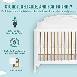 Dream On Me JPMA & Greenguard Gold Certified Milton 5-in-1 Convertible Crib Made with Sustainable New Zealand Pinewood in White and Natural, Non-Toxic Finish