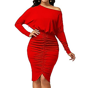 LYANER Women's Sexy Off Shoulder Ruched Elastic Waist Split Long Sleeve Bodycon Party Midi Dress Red Medium