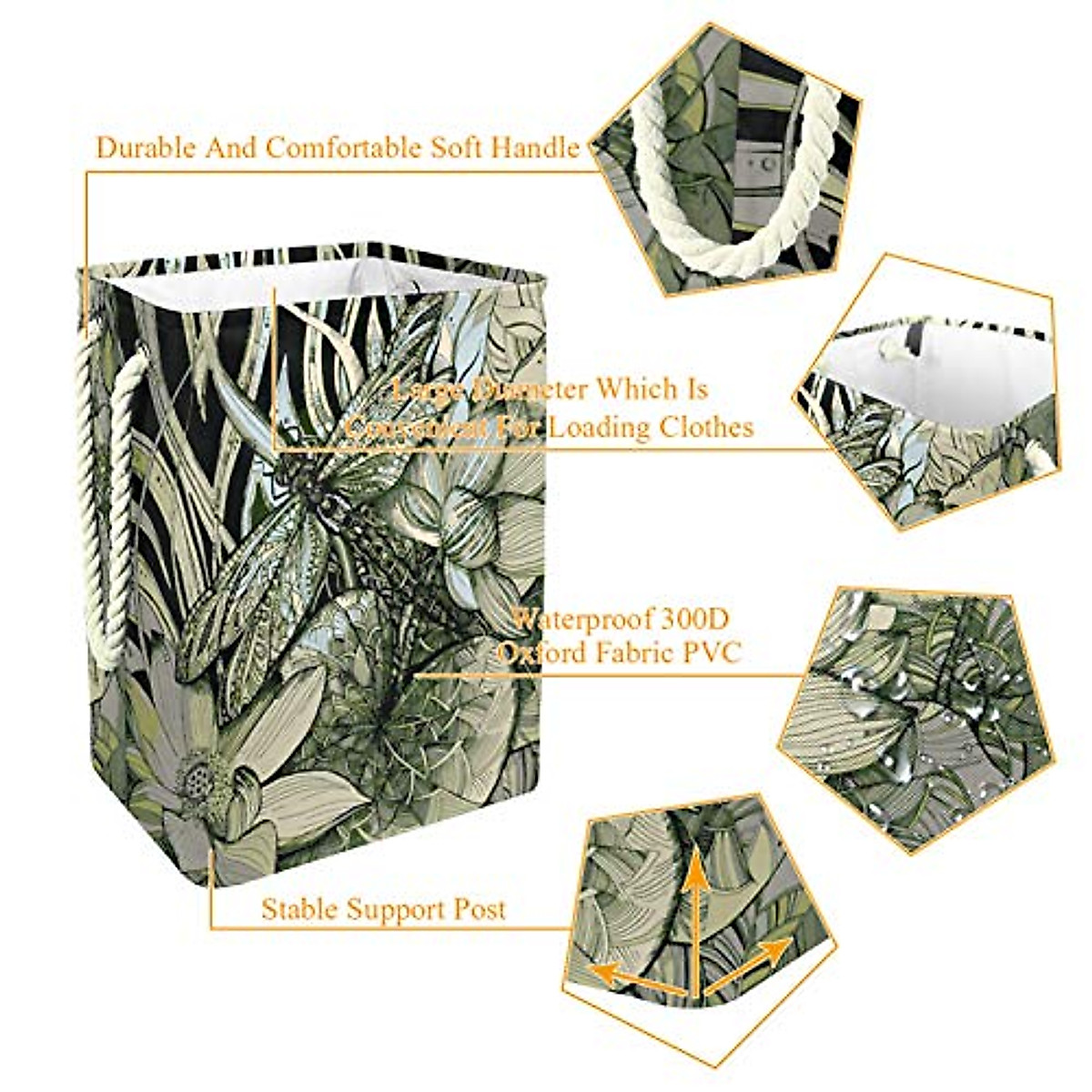 Toy Storage Basket Green Dragonfly Flower Laundry Basket with Durable Soft Handle Drawstring Waterproof Collapsible Washing Bin Dirty Clothes Storage 19.3x11.8x15.9 in
