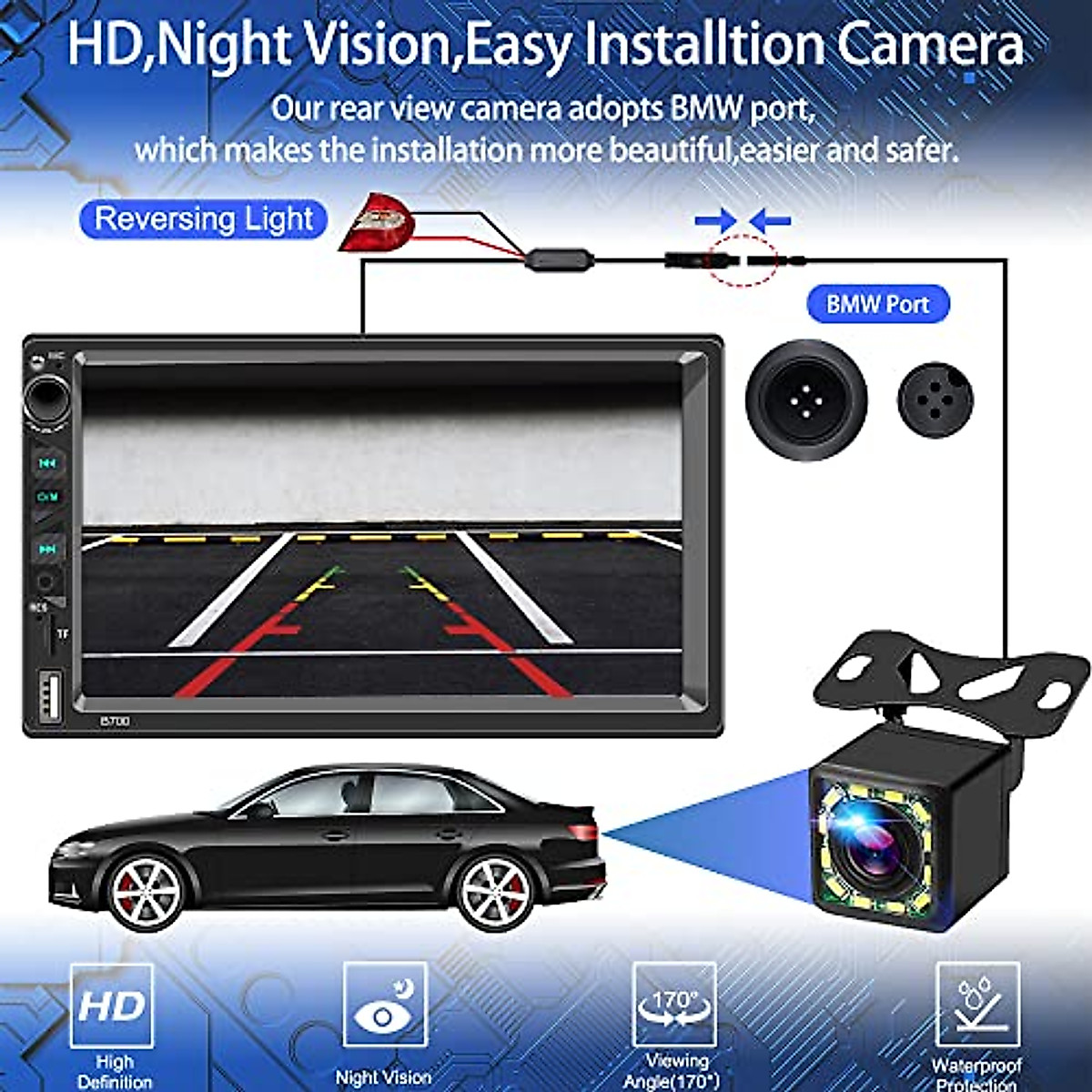 Double Din Car Stereo Compatible with Voice Control Apple Carplay&Android Auto-7 Inch HD LCD Touchscreen Monitor,Mirror Link,Subwoofer,Backup Camera,Bluetooth,AM/FM Car Radio,USB/TF/AUX Port,SWC,Gifts