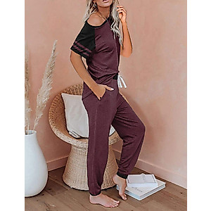 PRETTYGARDEN Women's Two Piece Outfits Jogger Sets Striped Short Sleeve Pullover and Long Pants Tracksuit Pajama Lounge Set(Wine Red,X-Large)