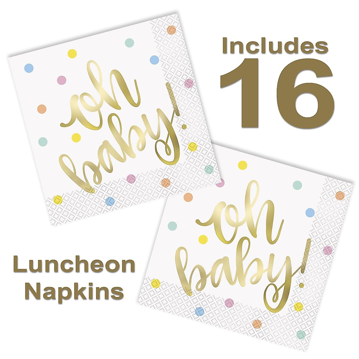 Lobyn Oh Baby Dessert Plates and Napkins - Elegant Gold and White Baby Shower Disposable Set - Cake Plates - 16 Count of 7 Inch Disposable Plates, and 16 Napkins - Baby Shower Plates