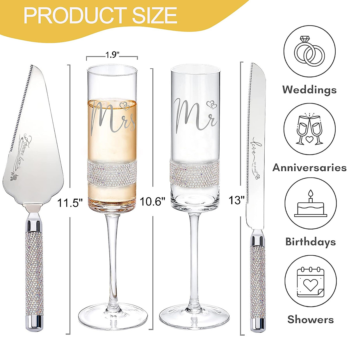 VARLKA Wedding Cake Knife and Server Set, 8oz Crystal Mr and Mrs Champagne Flutes, Wedding Glasses for Bride and Groom, Cake Cutting Set for Wedding, Engagement Gifts