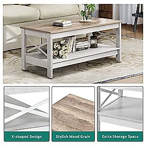 YITAHOME Grey Coffee Table for Living Room,Modern Farmhouse Coffee Table with Storage,2-Tier Center Table for Living Room Wood Living Room Table Accent Cocktail Ends Table with Sturdy Frame