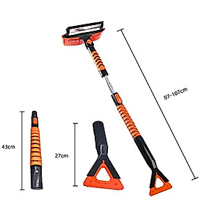 43.3" Car Snow Brush Ice Scraper Extendable for Windshield 5 in 1 Snow Scrapers Removal Shovel with Squeegee Foam Grip 360° Pivoting Brush Head for Car Truck SUV