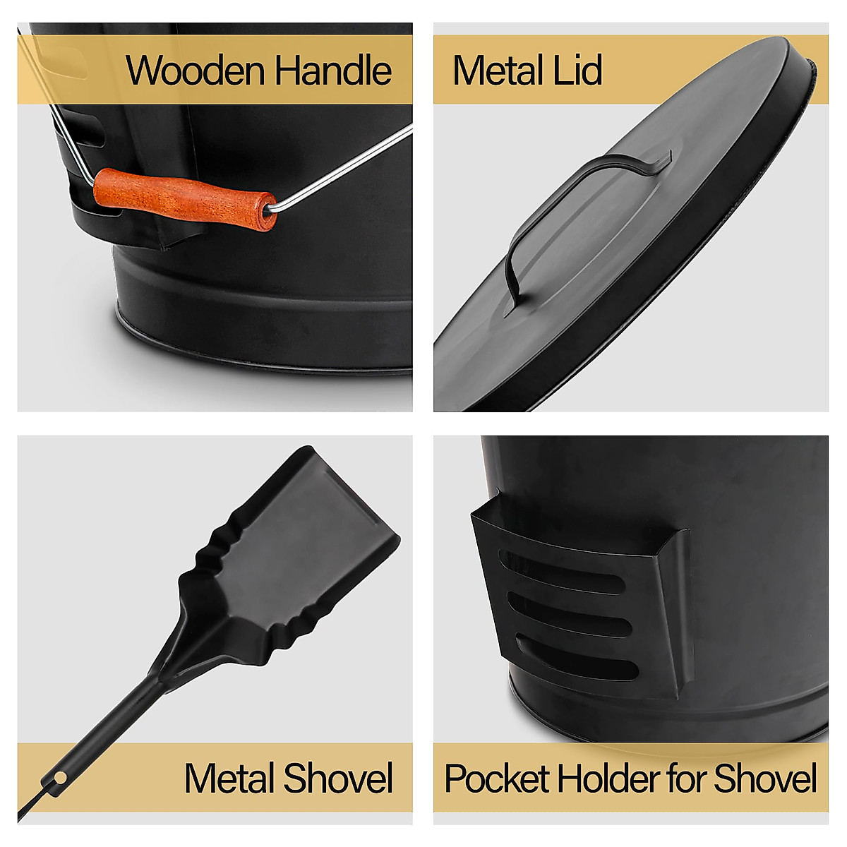 ZENY Fireplace Ash Bucket with Shovel and Lid, Large Size 5 Gallon Coal Bucket Hot Ashes Container Carrier for Fireplace Firepit Wood Stove, Fireplace Tools