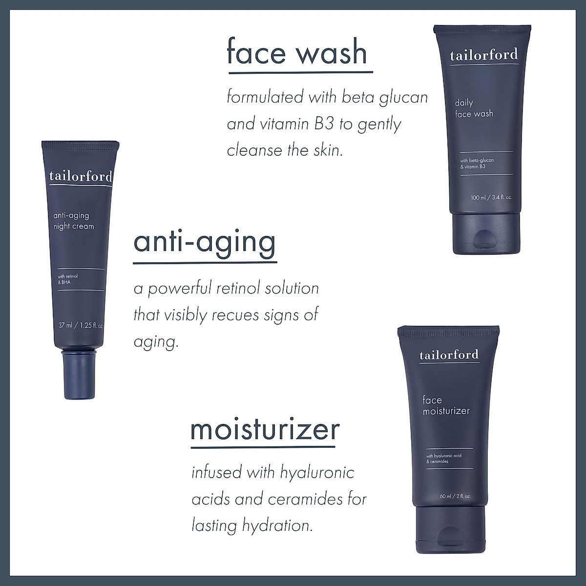 Tailorford Unisex 3 Step Skin Care Routine including Face Wash, Moisturizer and Night Cream, Skin Care Set for Men and Women, Travel Size