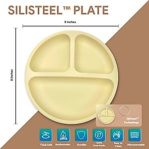 BraveJusticeKidsCo. | SiliSteel™ 2 Pack Silicone Plate for Big Kids | Divided with Deep Sides and Three Compartments | Dishwasher Safe | Patent Pending (Cream)