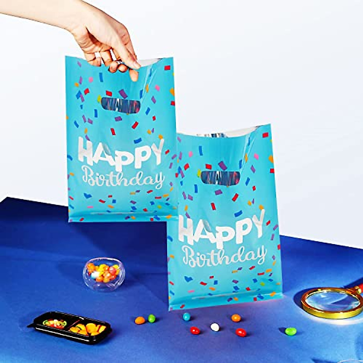 HSPAIDYP 30 Pcs Happy Birthday Party Gift Bags,Happy Birthday Candy Favor Bags,Plastic Gift Candy Gift Bags,Blue Goodies Gift Bags for Kids Baby Showers Birthday Party Decorations (Blue Gift Bags)