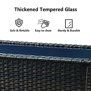 Pugire Patio Table Outdoor Coffee Tables - Rattan Wicker Coffee Table with Glass Top and 2-Tier Storage Shelf Rectangle for Outdoor Patio Porch Deck Balcony Garden(Brown/Glass Top)