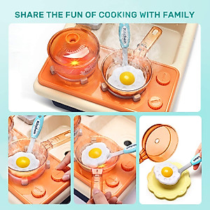 CUTE STONE Pretend Play Kitchen Sink Toys with Play Cooking Stove, Pot and Pan with Spray Realistic Light and Sound, Dish Rack & Play Cutting Food, Utensils Tableware Accessories for Kids Toddlers