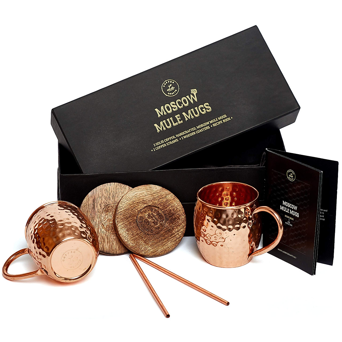 Moscow Mule Copper Mugs Set - 2 Authentic Handcrafted Copper Mugs (16 oz.), 2 Straws, 2 Solid Wood Coasters and Recipe Book - Gift Box Included