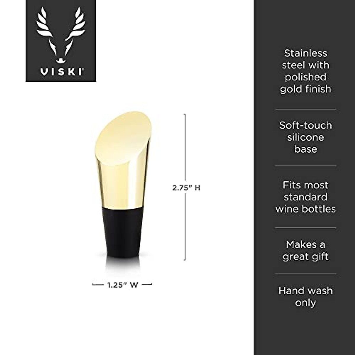 Viski Heavyweight Bottle Stopper, Wine Bottle Stopper, Wine Preserver for Red and White Wines, Gold Plated Stainless Steel with Silicone Seal, Set of 1