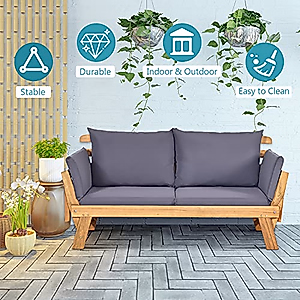 DORTALA Patio Convertible Couch Sofa Bed, Acacia Wood Daybed w/Adjustable Armrest, Collapsible Chaise Lounge w/Cushions & Pillows, Outdoor Loveseat forPoolside, Courtyard, Grey