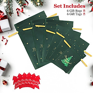 Fabric Gift Bags for Presents - 6 Pcs Large Reusable Christmas Bags with Drawstring (Green Xmas Tree Assorted)