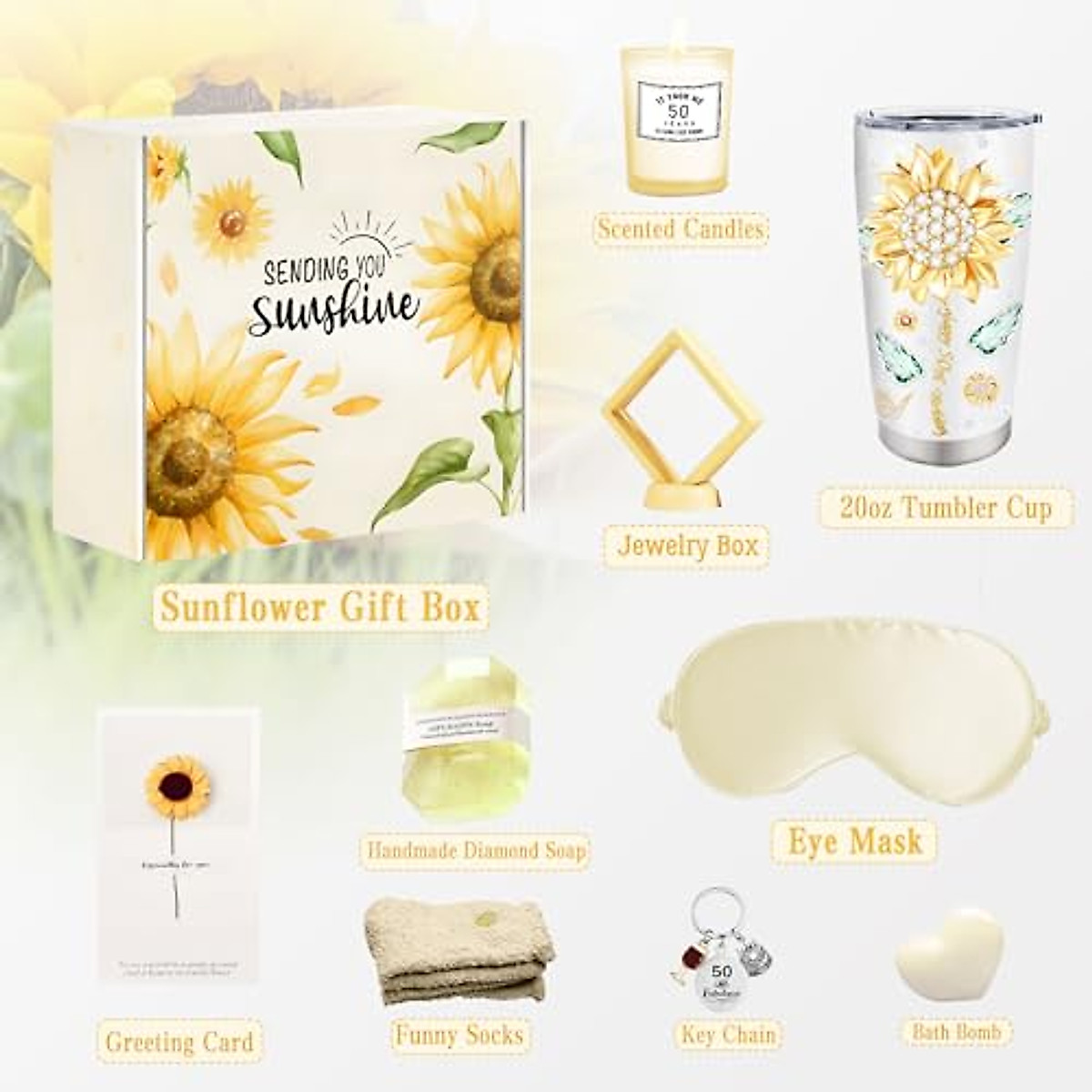 Fitvc 50th Birthday Gifts for Women, Happy 1974 Birthday Gifts Set for Woman Mom Wife Best Friends, Funny 50 Year Old Gift Basket Box Unique, Sending Sunshine 20oz Wine Tumbler Bday Gift for Female