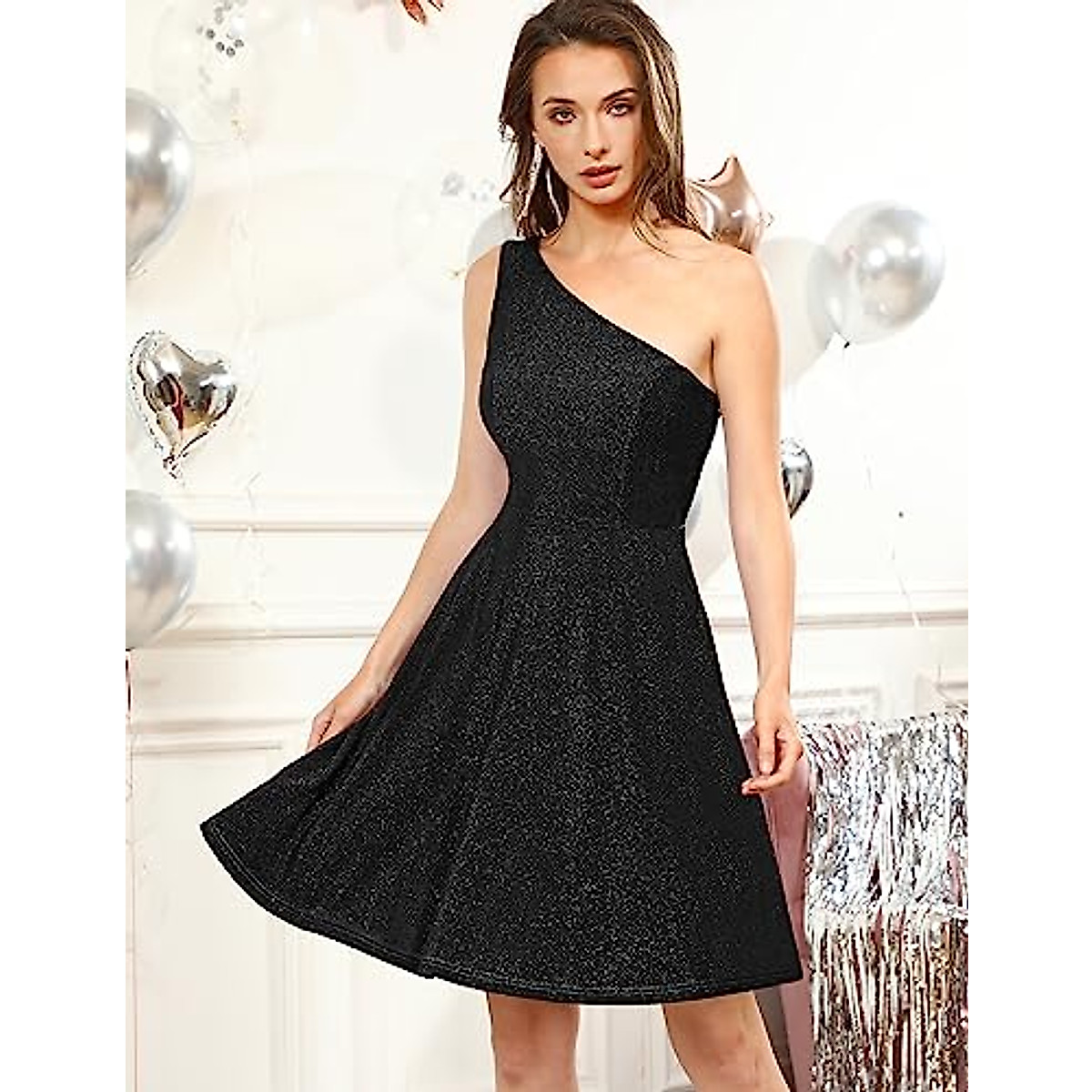 DRESSTELLS Women's Cocktail Party Dresses, Black One Shoulder Glitter Sparkly Homecoming Dress for Teen, Summer Wedding Guest Skater Dress 2023 M