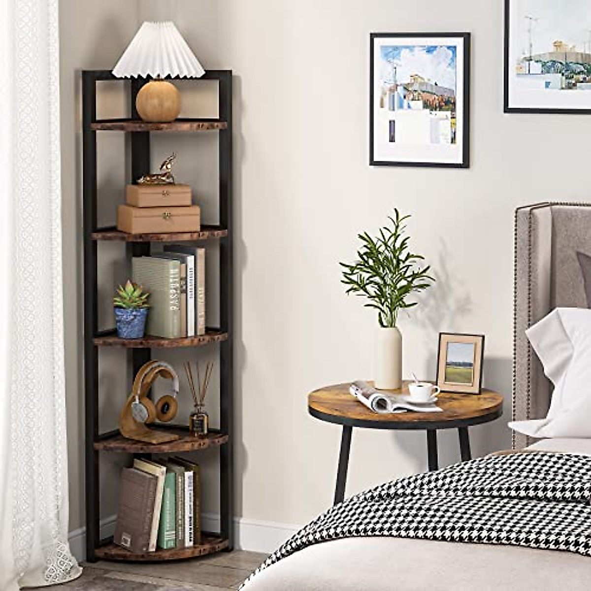 Tribesigns 5 Tier Corner Shelf, Rustic Corner Bookshelf Small Bookcase Storage Rack Plant Stand for Living Room, Home Office, Kitchen, Small Space (Brown)