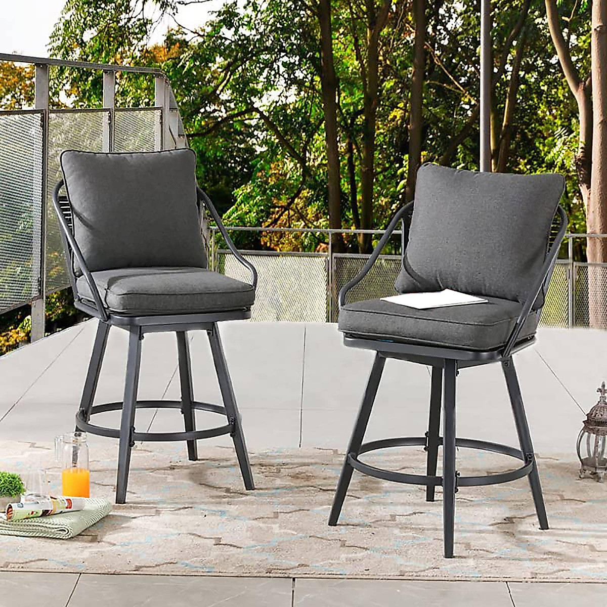 PatioFestival Outdoor Swivel Bar Stools Set of 4 Bar Height Patio Furniture Stool Chairs with 3.9" Thickness Seat Cushion for Deck Porch Backyard