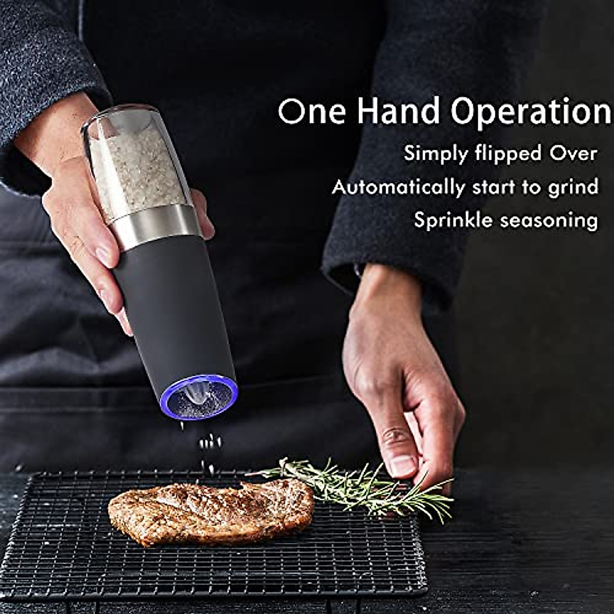 Gravity Electric Salt and Pepper Grinder Mill [Set of 2] with Blue LED Light. Flip to Grind. One Hand Operation, Adjustable Coarseness. Includes Stand, Spoon and Brush. Automatic Battery Powered
