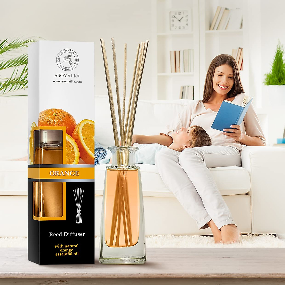 Orange Diffuser w/Orange Oil 3.4 Fl Oz - Fresh Room - Long Lasting Fragrance - Scented Reed Diffuser Orange - Diffuser Gift Set - for Aromatherapy - Home - Orange Essential Oil Diffuser by AROMATIKA