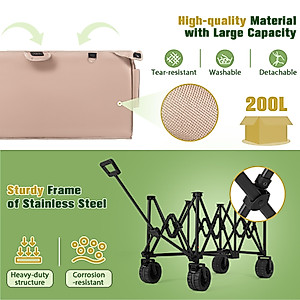 Devoko Collapsible Folding Wagon, 200L Outdoor Heavy Duty Beach Garden Wagon Cart with Big Wheels for Sand, Grocery Cart on Wheels, Beige