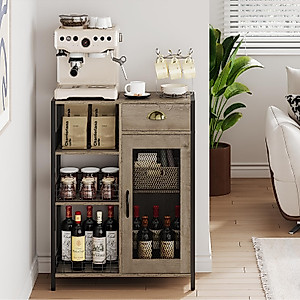 X-cosrack 3 Tier Coffee Bar Table with Storage Drawer, 35.8" H Adjustable Shelf Farmhouse Coffee Stand Station Table for Corner, Kitchen, Dining, Liquor Cabinet Rustic Wood Coffee Table-Grey