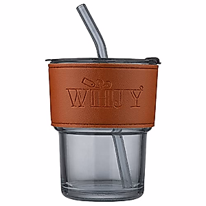 WHJY 13oz Glass Tumbler with Straw and Lid, Glass Water Bottle with Sleeve To Go Coffee Mug Cups with Lids Reusable - Grey