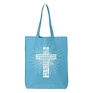 shop4ever John 3:16 Bible Verse Cross Christian Faith Eco Cotton Tote Reusable Shopping Bag 6 oz Turquoise 1 Pack